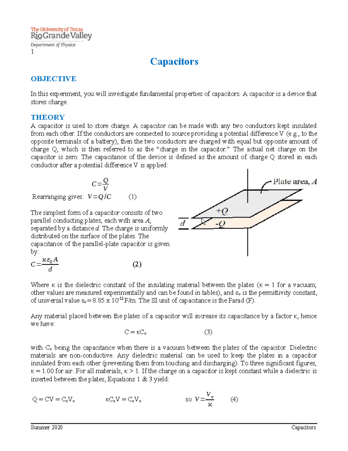 02 Capacitors Lab (Fall 2023) - Capacitors OBJECTIVE In this experiment ...