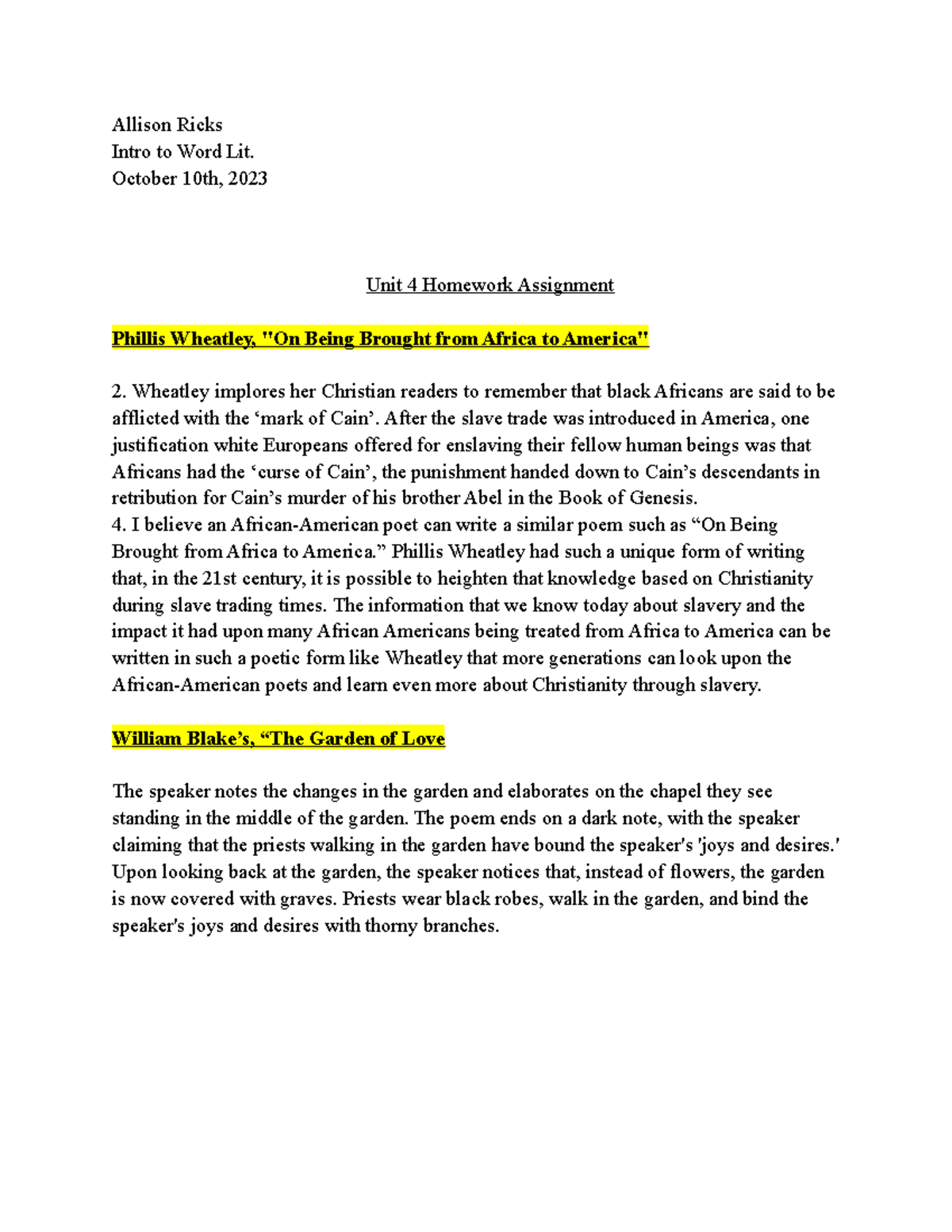 Homework Assignment (Unit 4) - Allison Ricks Intro to Word Lit. October 10th, 2023 Unit 4 ...