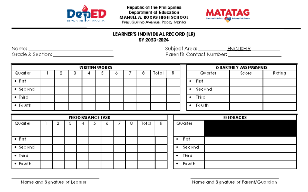 Individual Learner's Record (LR) - Republic of the Philippines ...