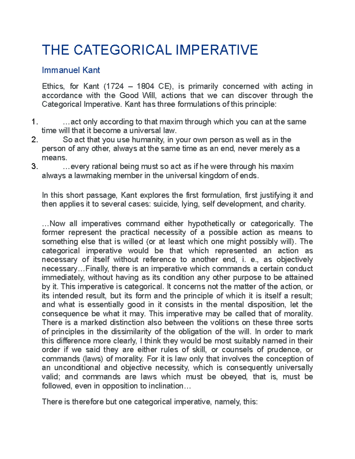THE- Categorical- Imperative - THE CATEGORICAL IMPERATIVE Immanuel Kant Ethics, for Kant (1724 ...
