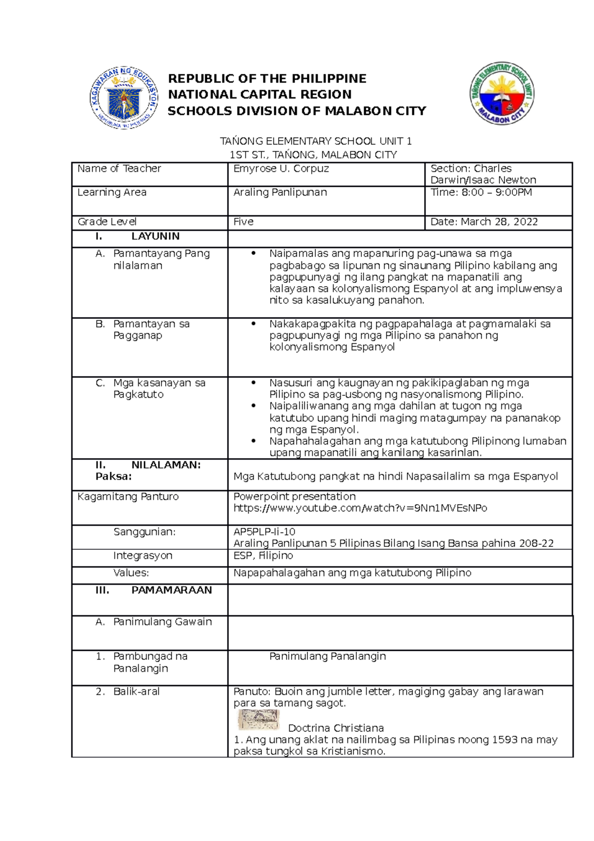 AP CO LACQ3 Education lesson plan - REPUBLIC OF THE PHILIPPINE NATIONAL ...