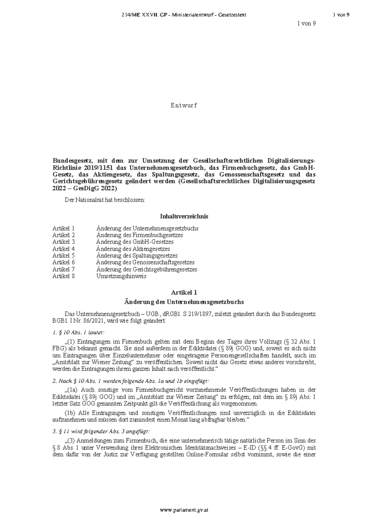 Xxvii ME 214 2 Gesetzestext - 1 von 9 E n t w u r f Bundesgesetz, mit ...