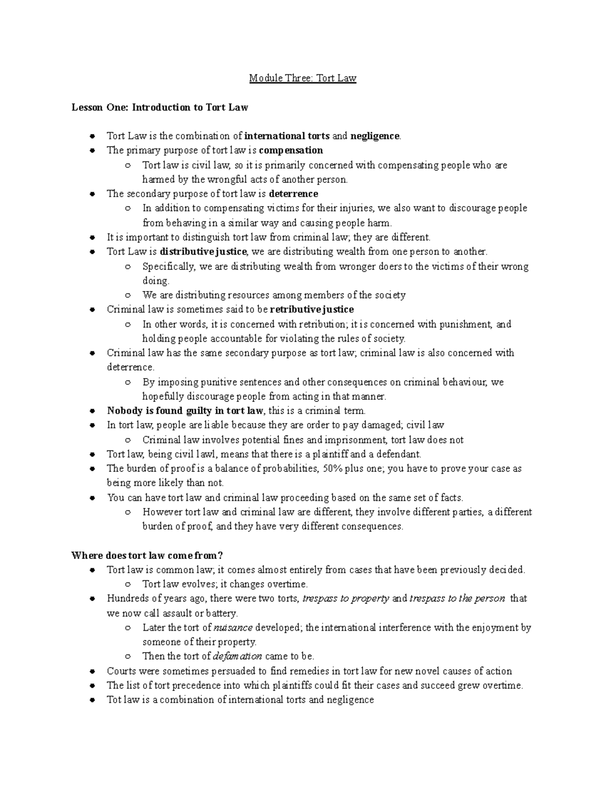 Module Three Tort Law - Module Three: Tort Law Lesson One: Introduction ...