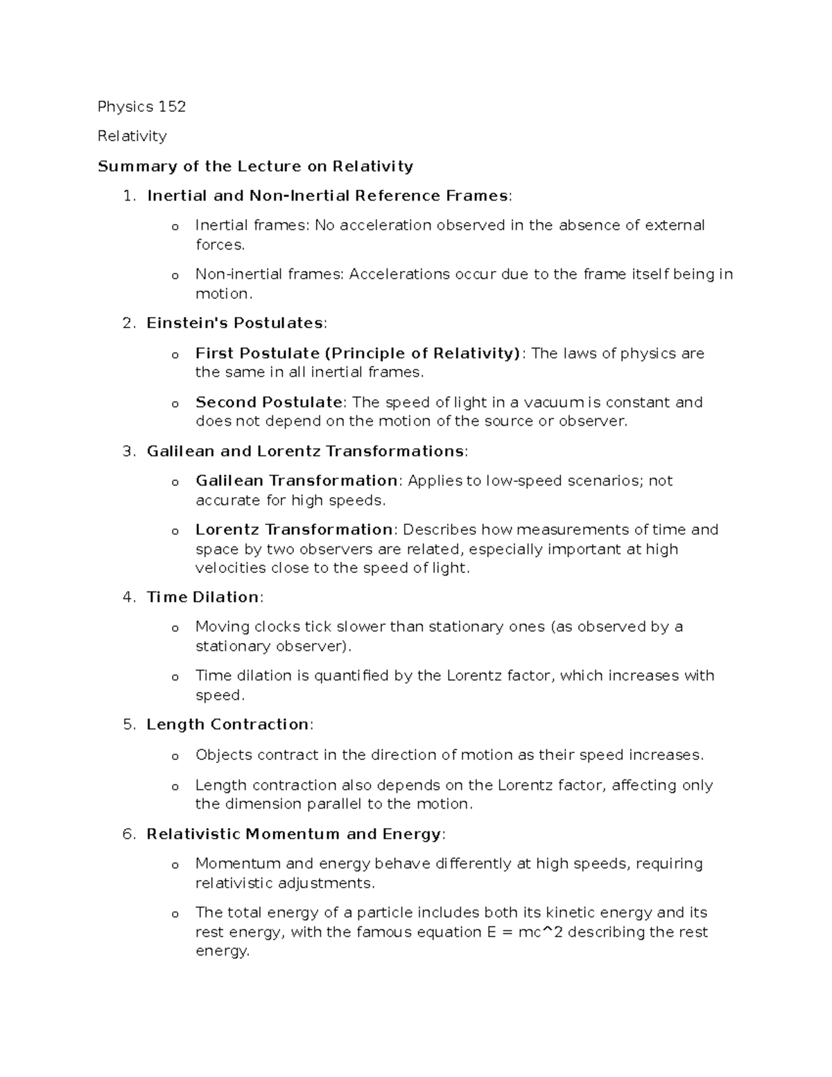 Physics 152 Relativity - Physics 152 Relativity Summary of the Lecture ...