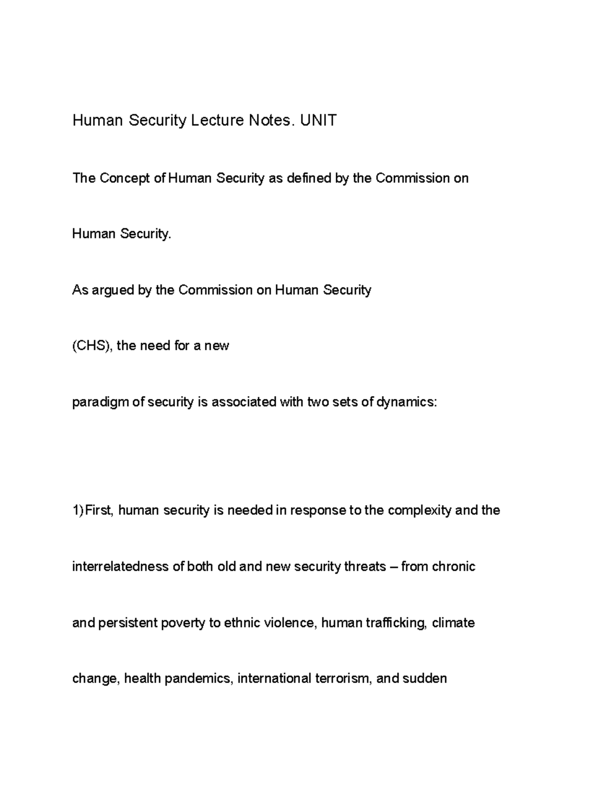 Human Security Lecture Notes - UNIT The Concept of Human Security as ...