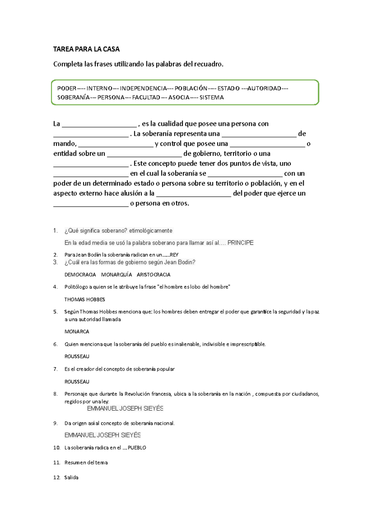 Tarea PARA LA CASA - INFORMACION - TAREA PARA LA CASA Completa las ...