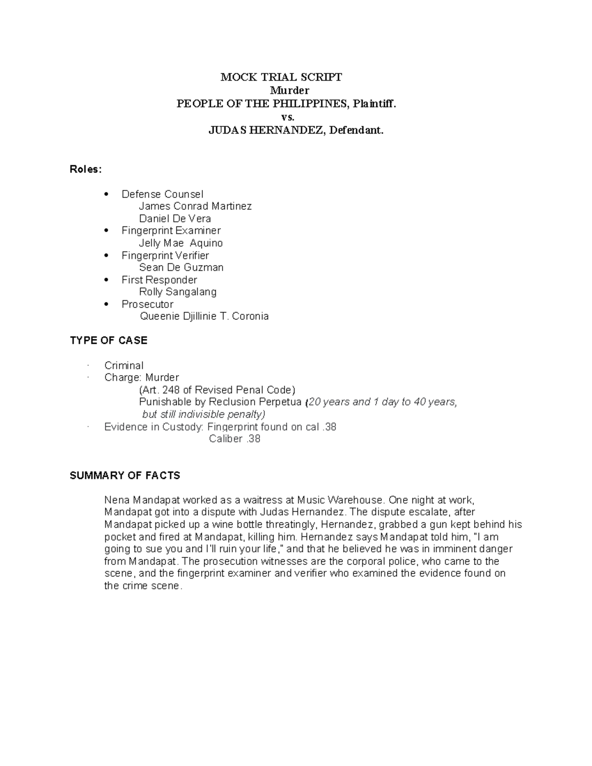 MOCK- Trial- Script - MOCK TRIAL SCRIPT Murder PEOPLE OF THE ...