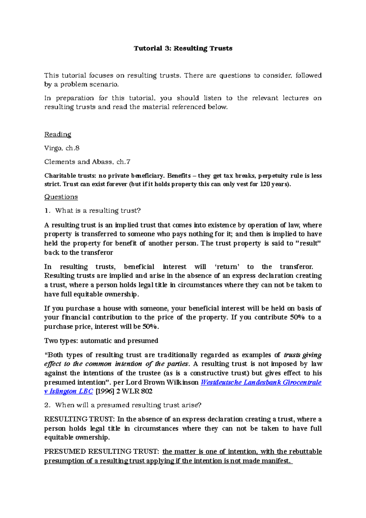 Equity and Trusts - Tutorial 3 - 2020-2021 - Tutorial 3: Resulting ...