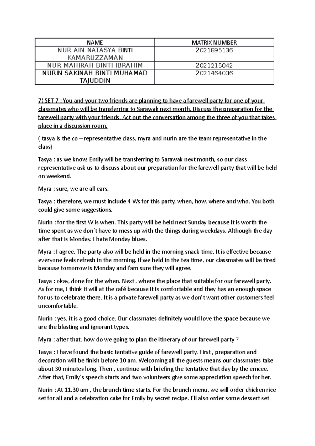 Set 7 - ELC 121 ENGLISH - NAME MATRIX NUMBER NUR AIN NATASYA BINTI ...