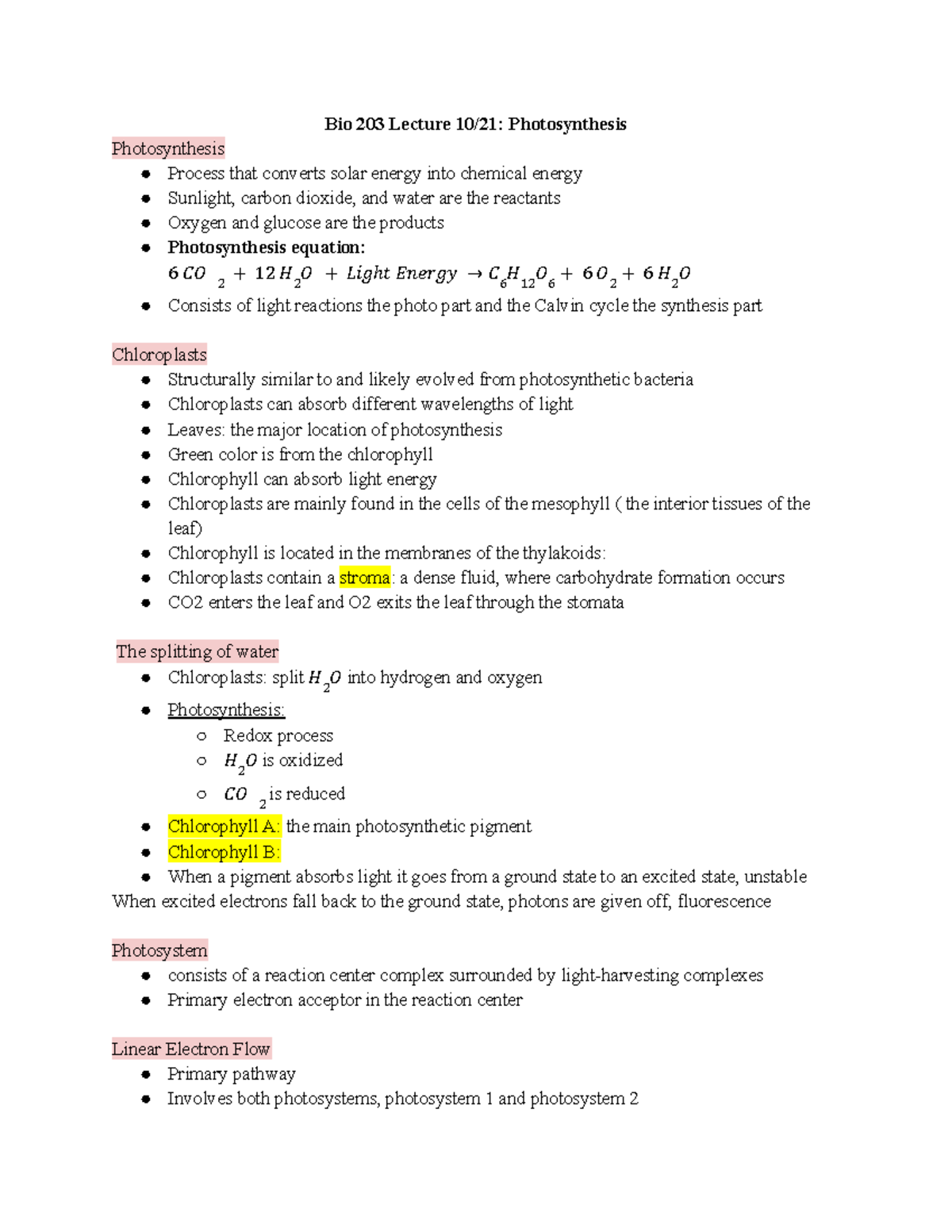 Bio 203 Photosynthesis - Lecture Notes - Bio 203 Lecture 10/21 ...