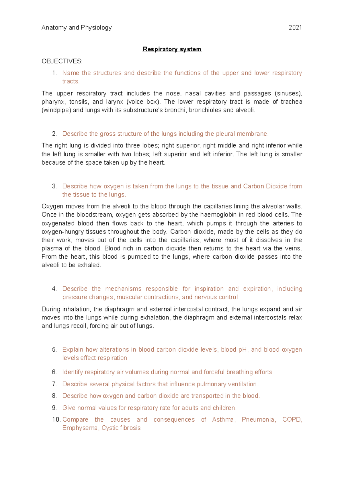 Respiratory Workbook - Anatomy and Physiology 2021 Respiratory system ...