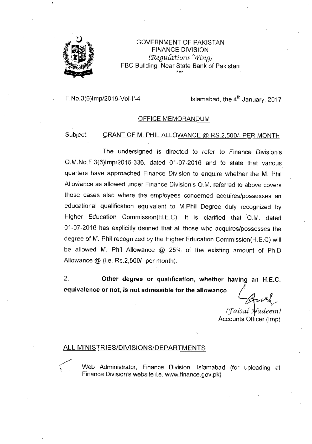 Circular 04012017 - GOVERNMENT OF PAKISTAN FINANCE DIVISION ...