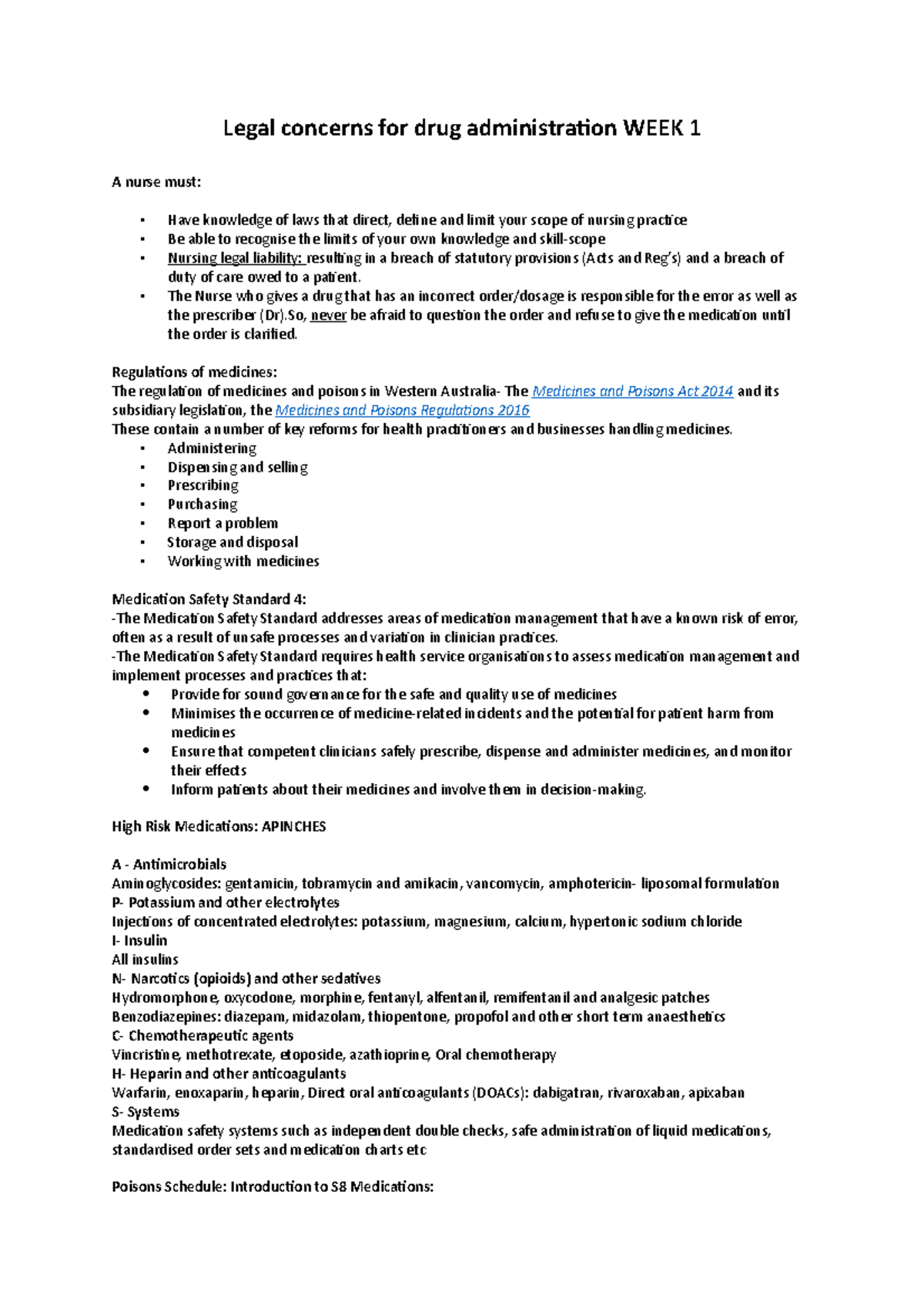 Legal concerns for drug administration WEEK 1 - • The Nurse who gives a ...