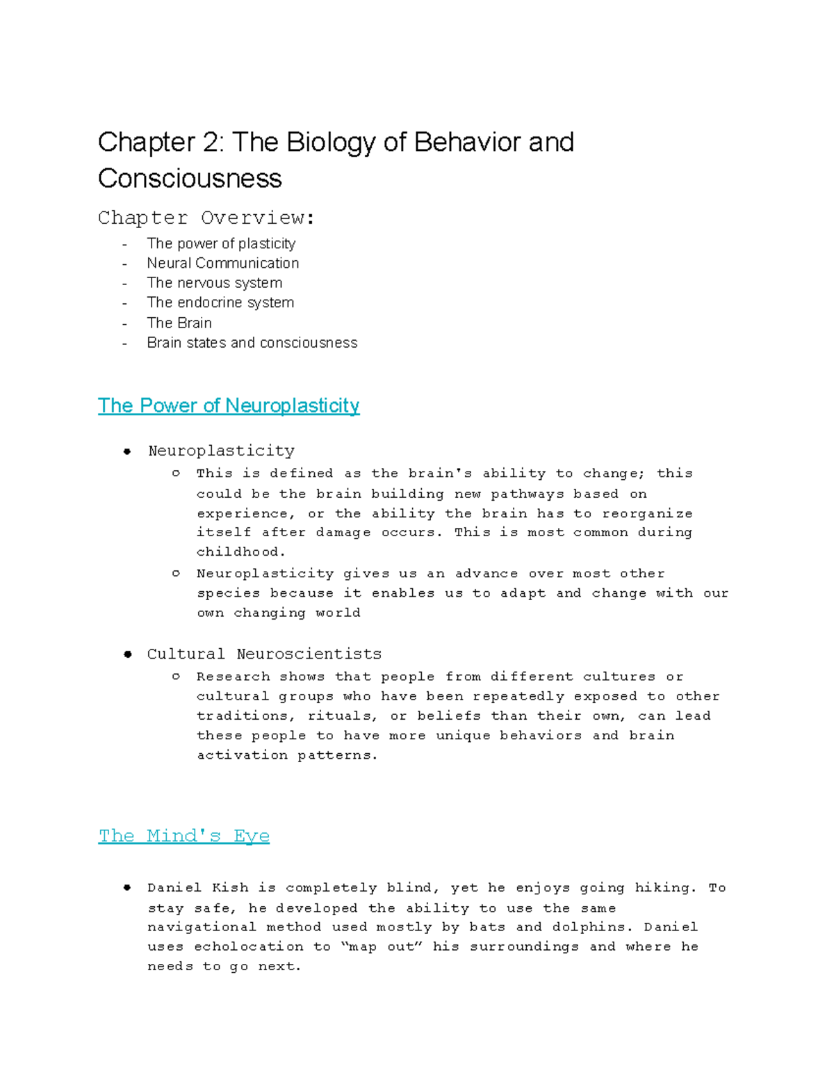 Chapter 2 Notes (From the slides) - Chapter 2: The Biology of Behavior ...