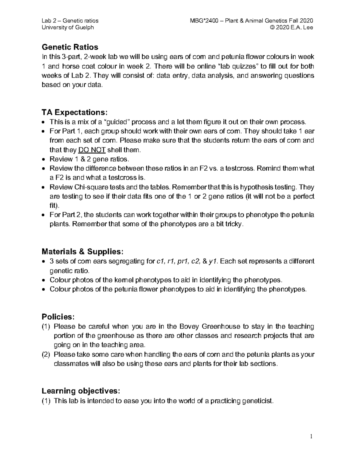 Lab2 Student Guide - University of Guelph © 2020 E. Lee Genetic Ratios ...