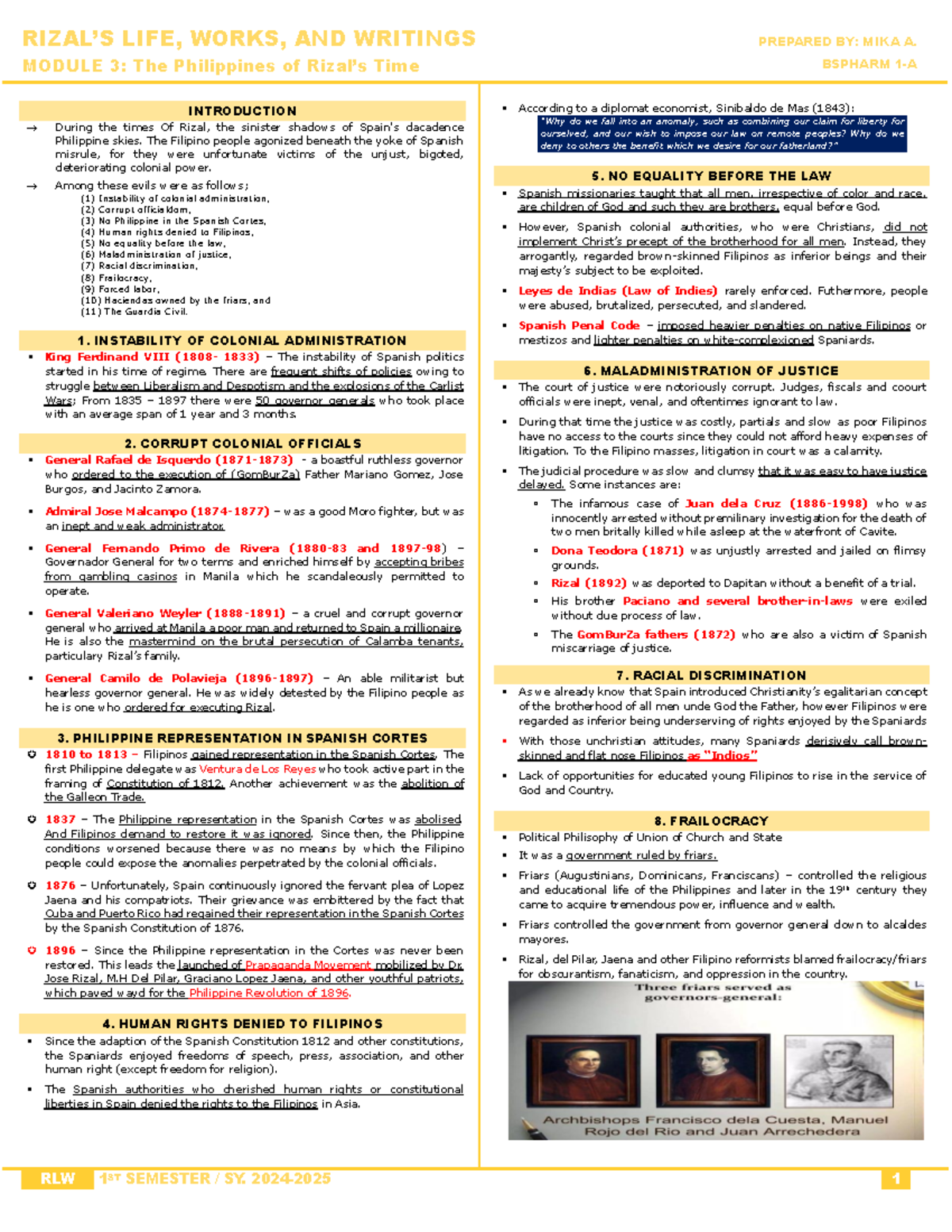 RLW M3 - 10 evil events - RIZAL’S LIFE, WORKS, AND WRITINGS PREPARED BY: MIKA A. MODULE 3 : The ...