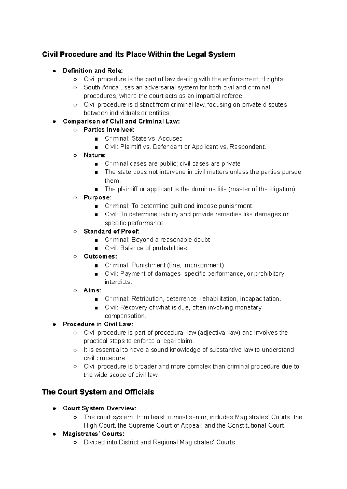 Civ 3701 summaries - Civil Procedure and Its Place Within the Legal ...