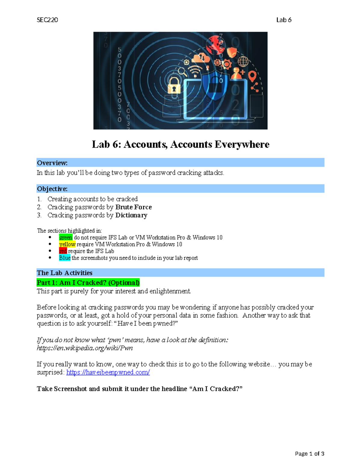 SEC220 Lab6 Password Cracking - SEC220 Lab 6 Lab 6: Accounts, Accounts Everywhere Overview: In ...