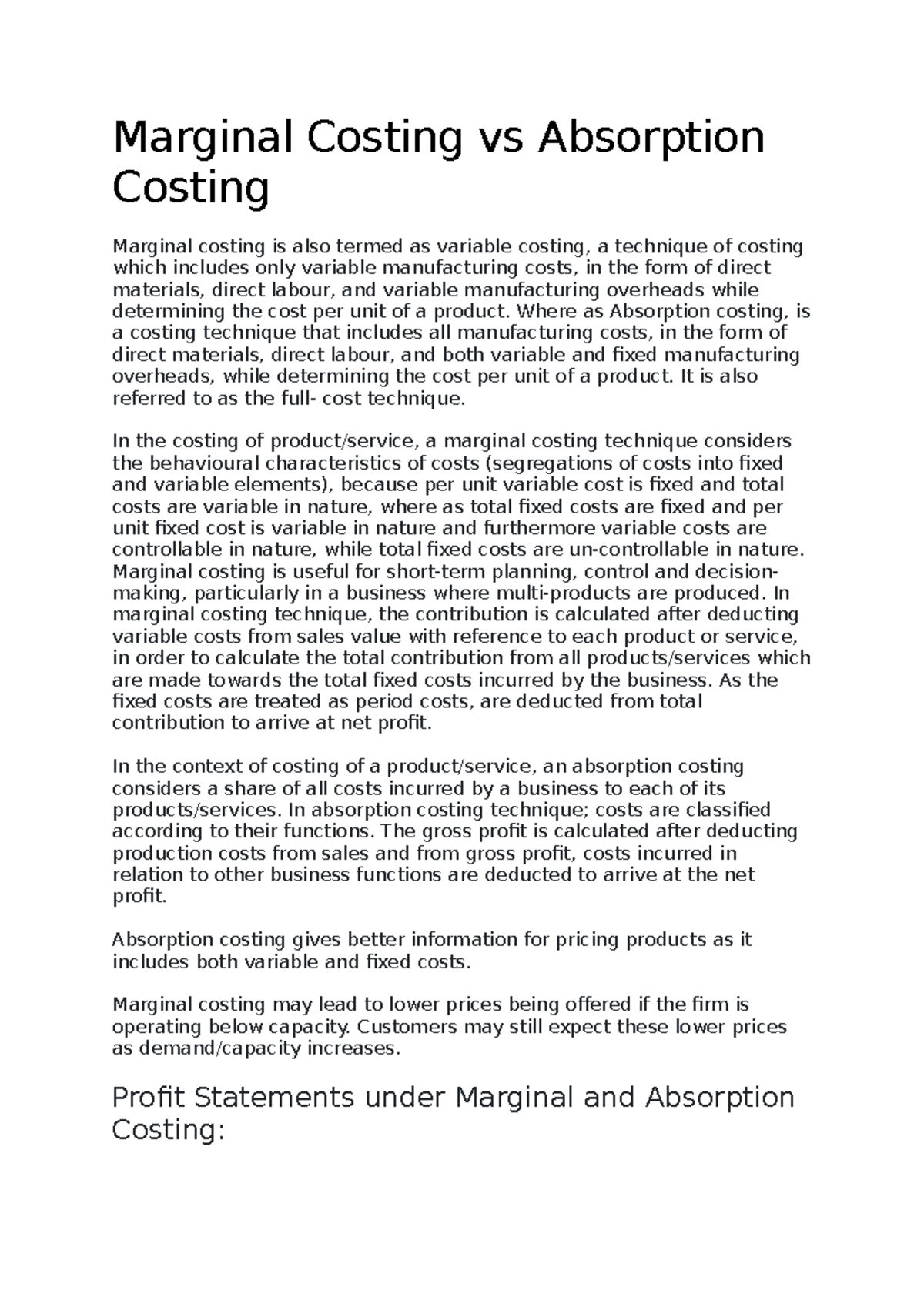 Marginal Costing vs Absorption Costing - Marginal Costing vs Absorption ...