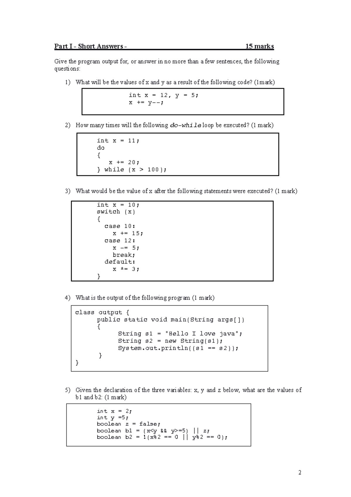 Java practice - good - int x = 12, y = 5; x += y-; Part I - Short ...
