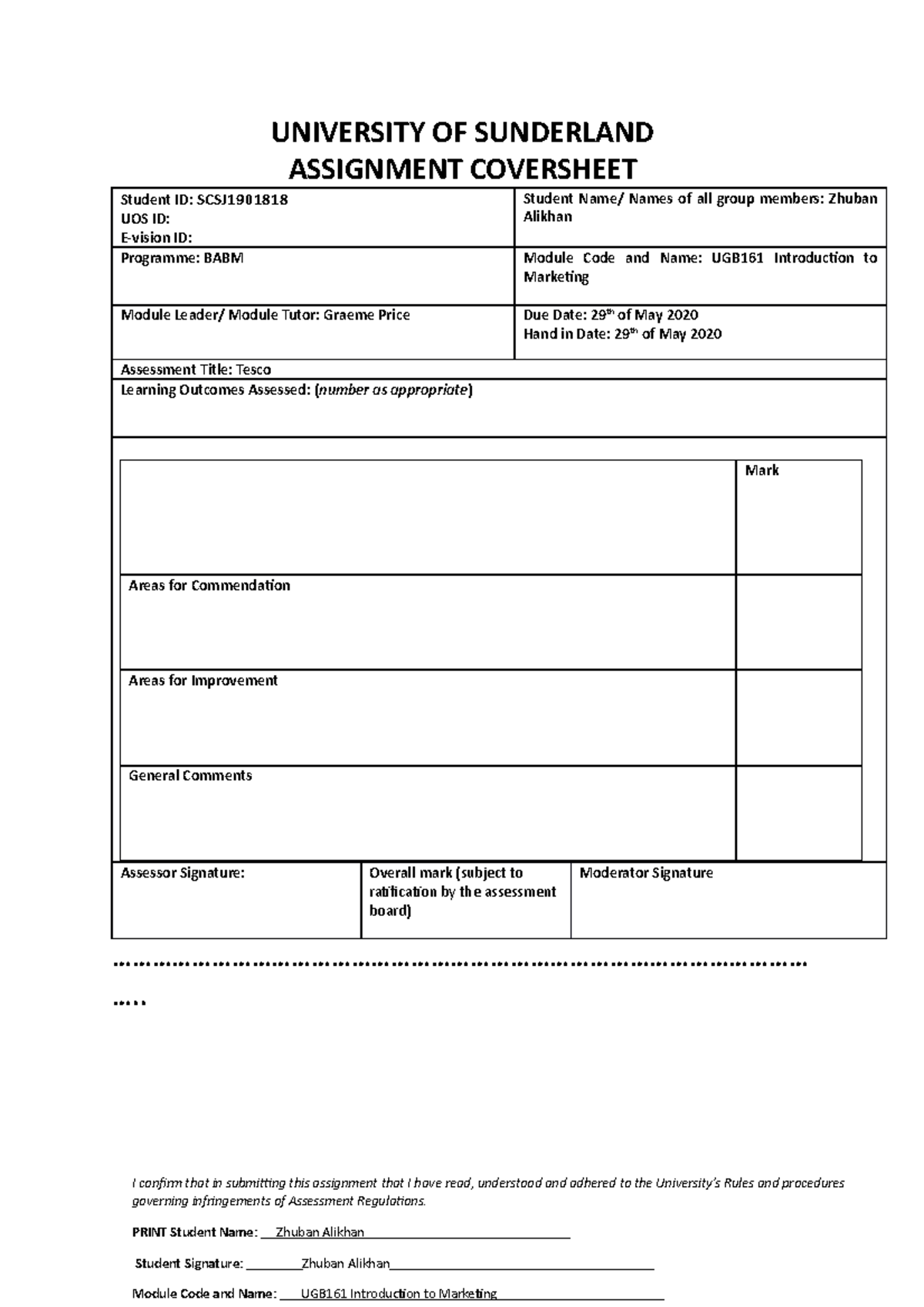UOS Cover - dawa - UNIVERSITY OF SUNDERLAND ASSIGNMENT COVERSHEET ...