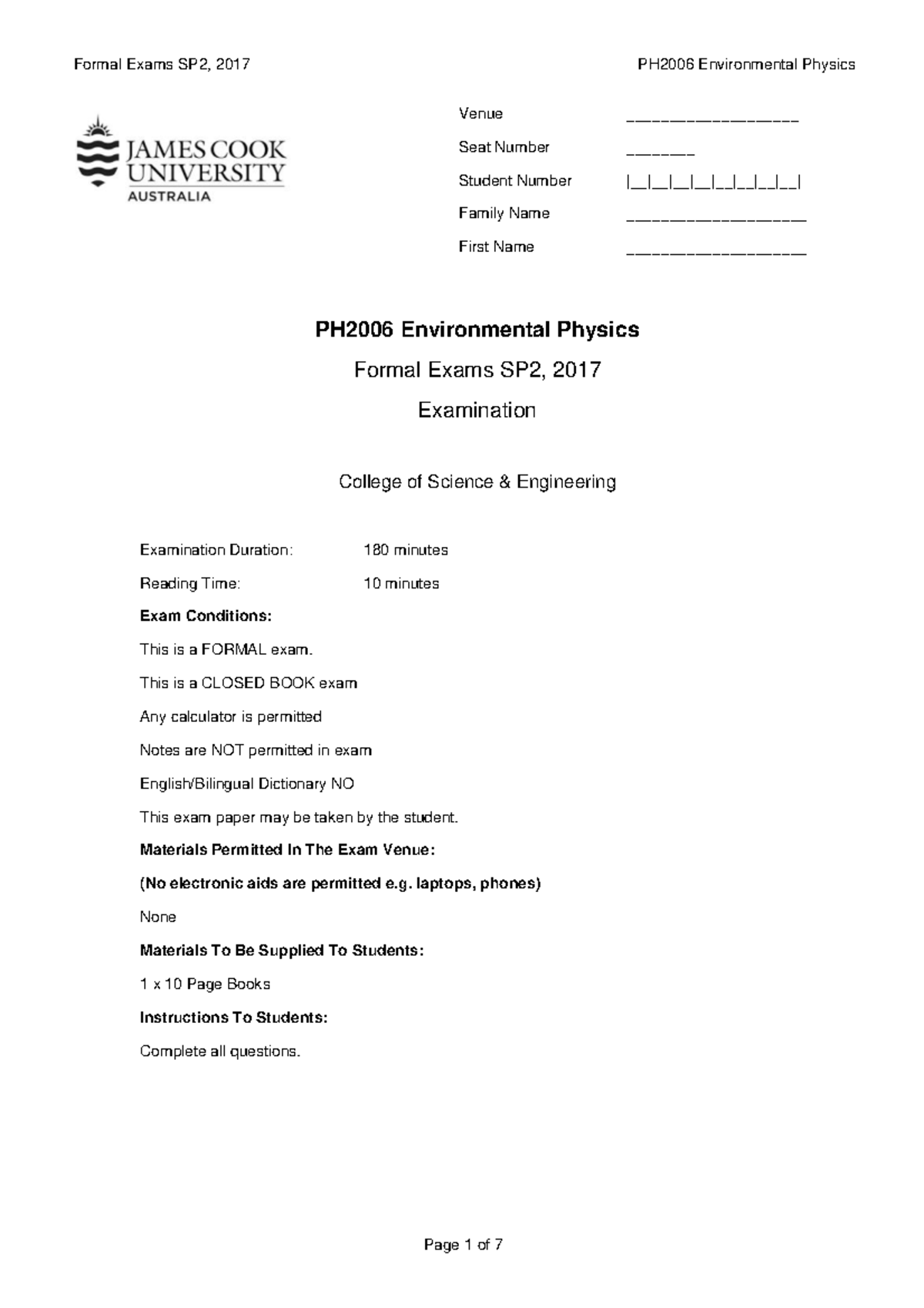 Environmental Physics - 2017 - SP2 Examination for PH2006 - PH2006 ...
