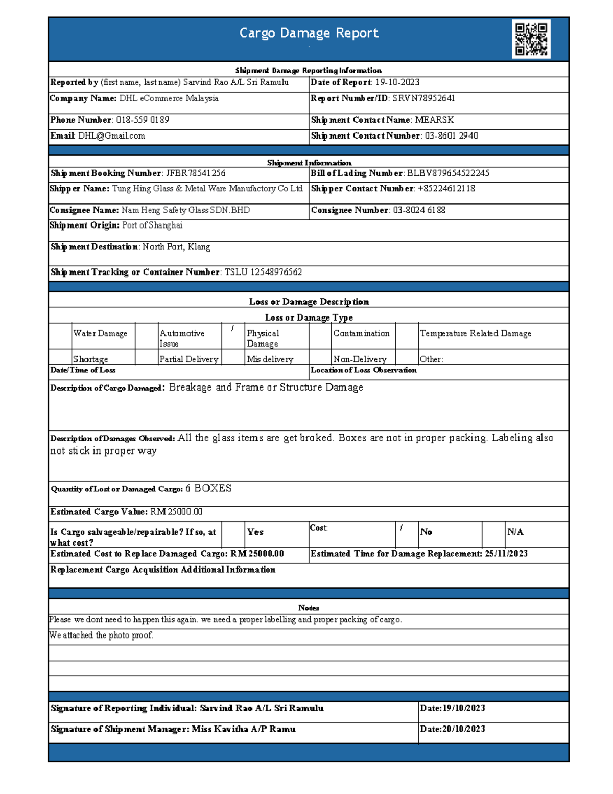 86-Cargo-Damage-Report cargo cu2 - Cargo Damage Report . Shipment ...