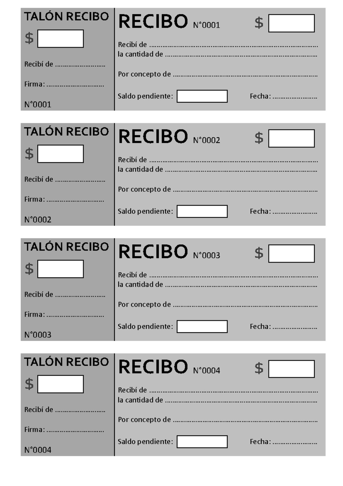 Talón Recibo - Ejemplo - $ Recibí de ........................... Firma ...