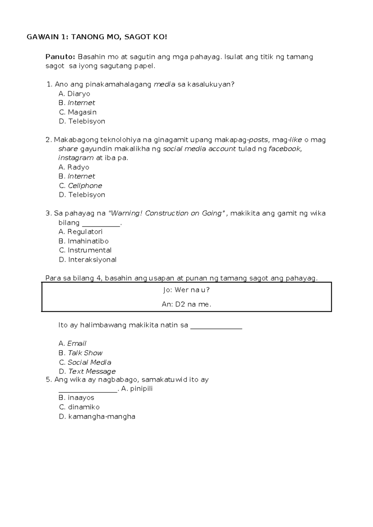 Kompan-1 - module in kompan - GAWAIN 1: TANONG MO, SAGOT KO! Panuto ...