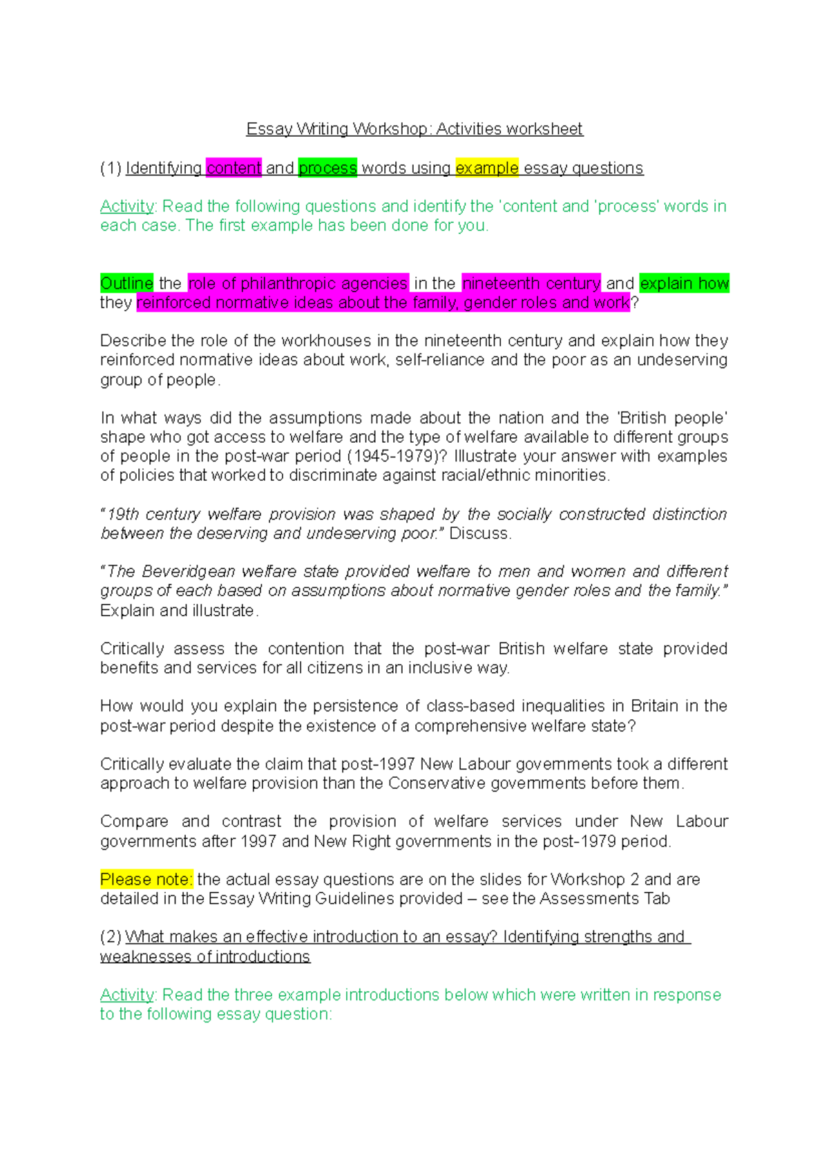 Activity Worksheet Workshop for essay writing - Essay Writing Workshop ...