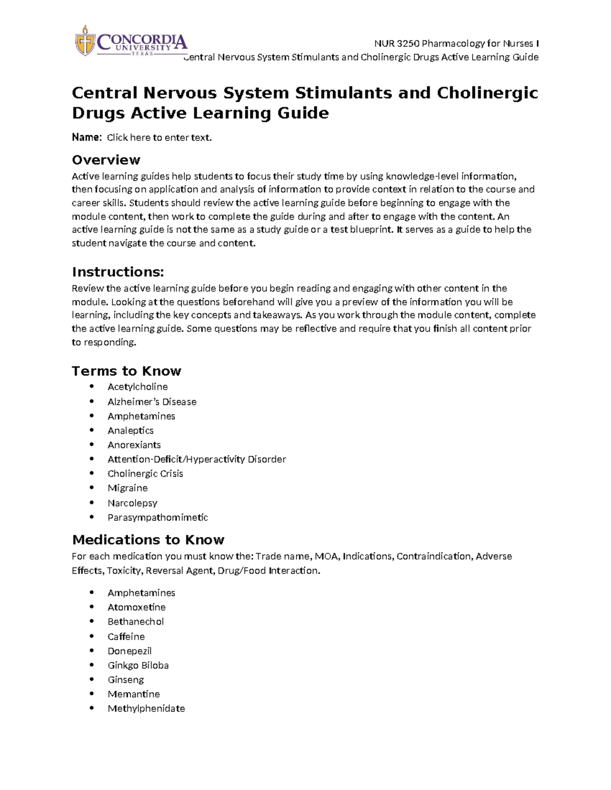 Central Nervous System Stimulants and Cholinergic Drugs Active Learning ...