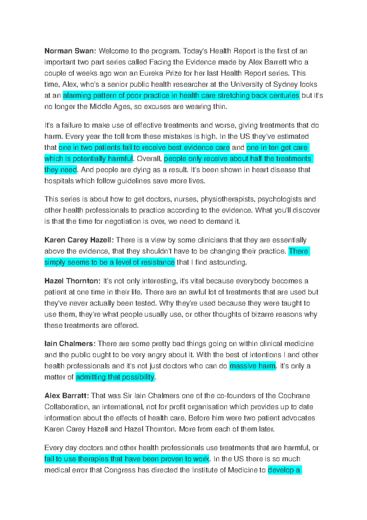 ABC facing evidence transcript - Norman Swan: Welcome to the program ...