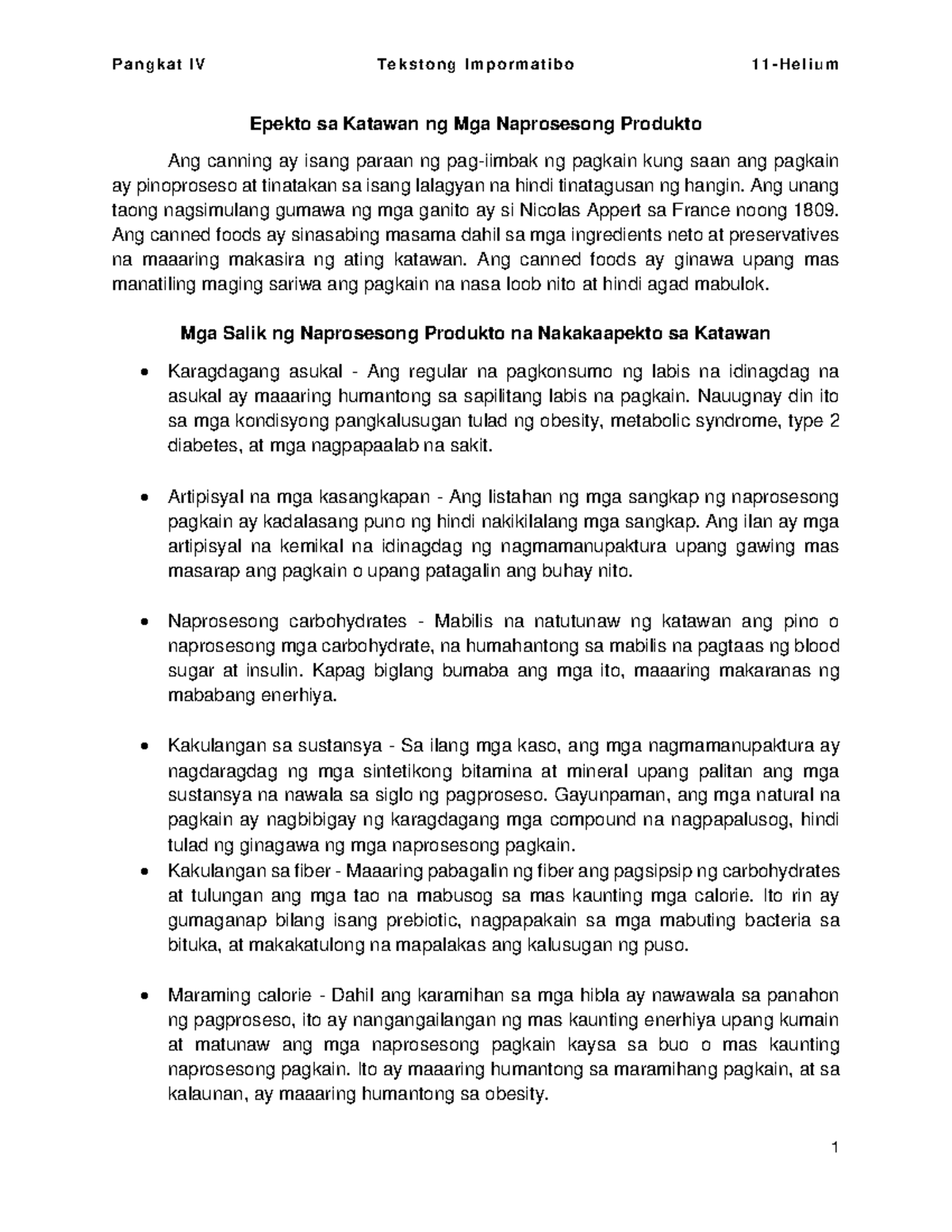 GRP4 Tekstong Impormatibo - P a n g k a t I V T e k s t o n g I m p o r m a t ib o 1 1 - H e l i ...