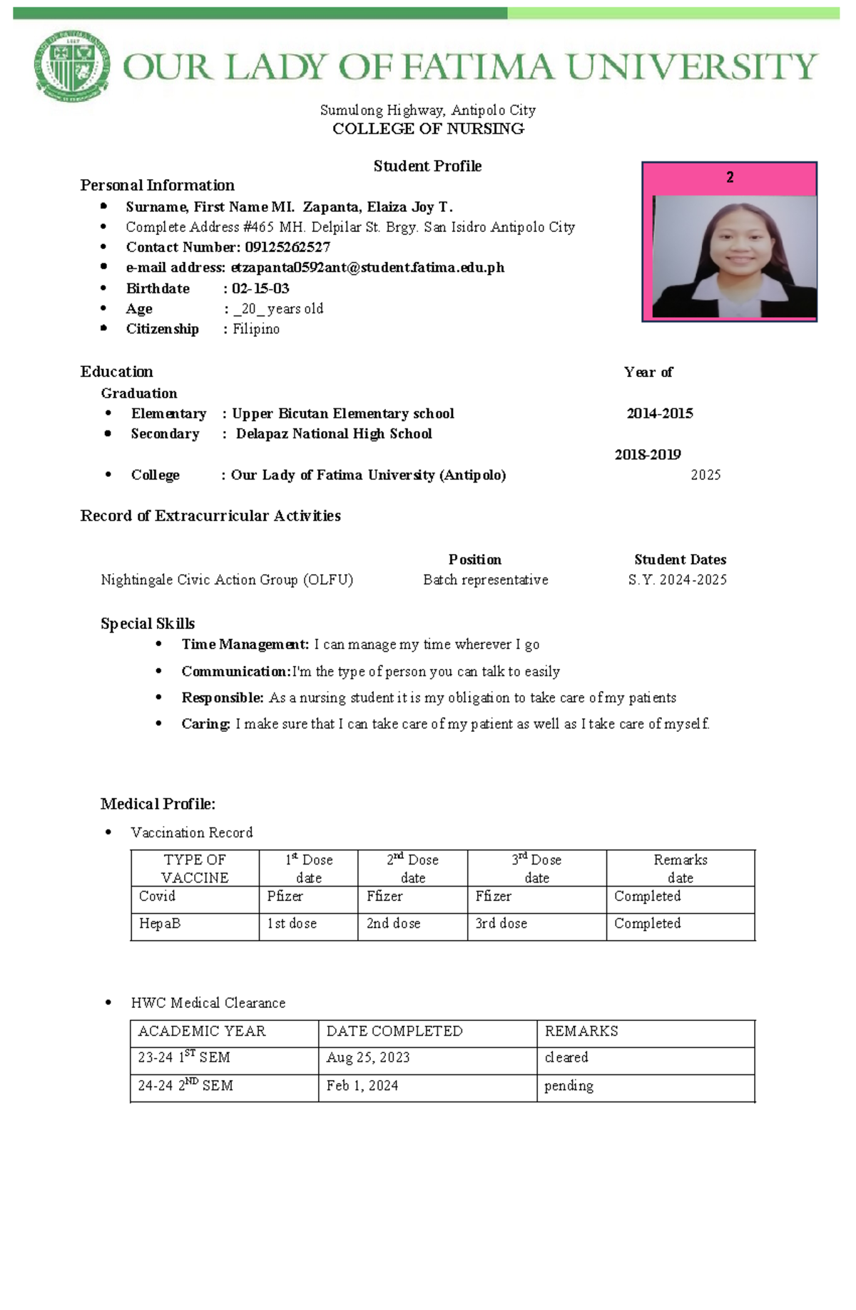 Zapanta, Elaiza JOY T - Sumulong Highway, Antipolo City COLLEGE OF ...