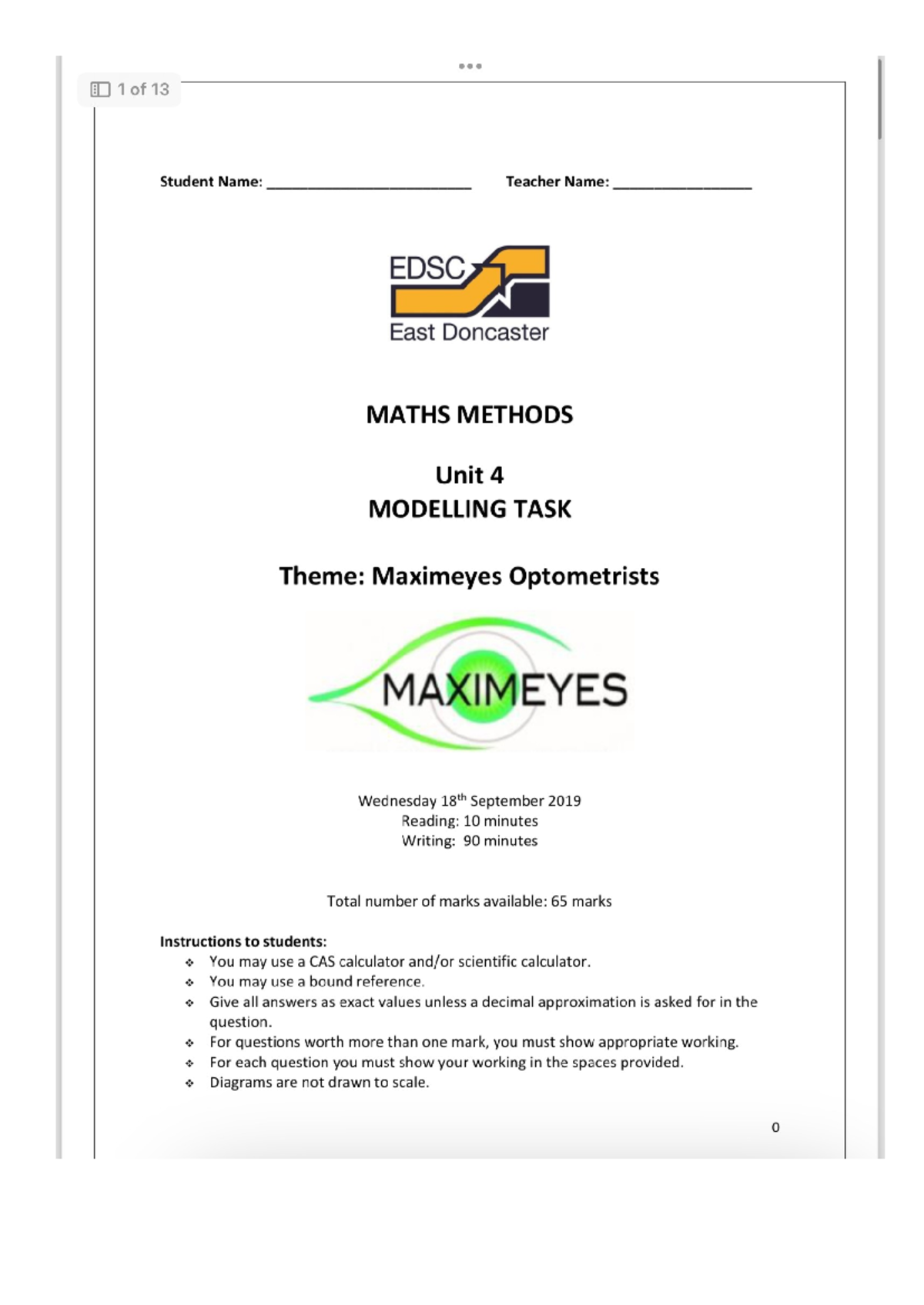 2019 methods prob sac - probability practice sac - 1 of 13 Student Name ...