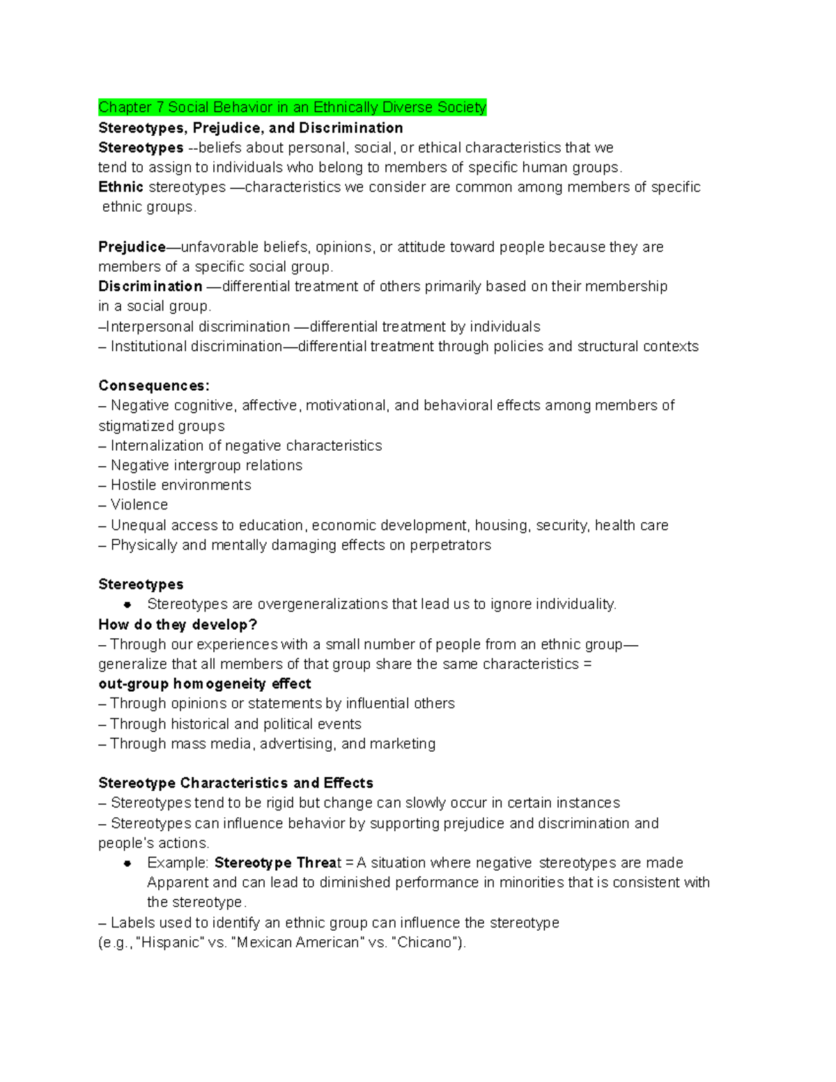 Psyc 16 Exam 3 Notes - Chapter 7 Social Behavior in an Ethnically ...