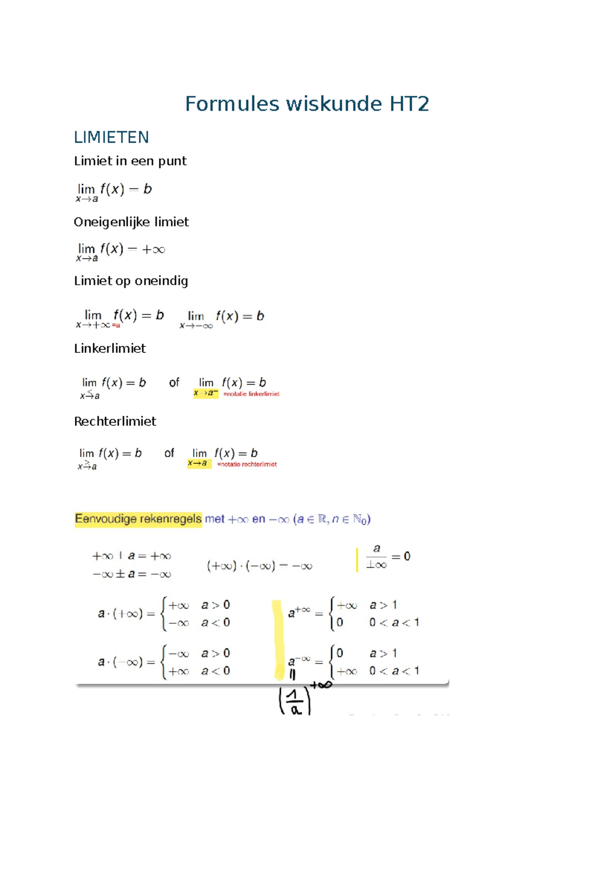 Formules wiskunde HT2 - Formules wiskunde HT LIMIETEN Limiet in een ...