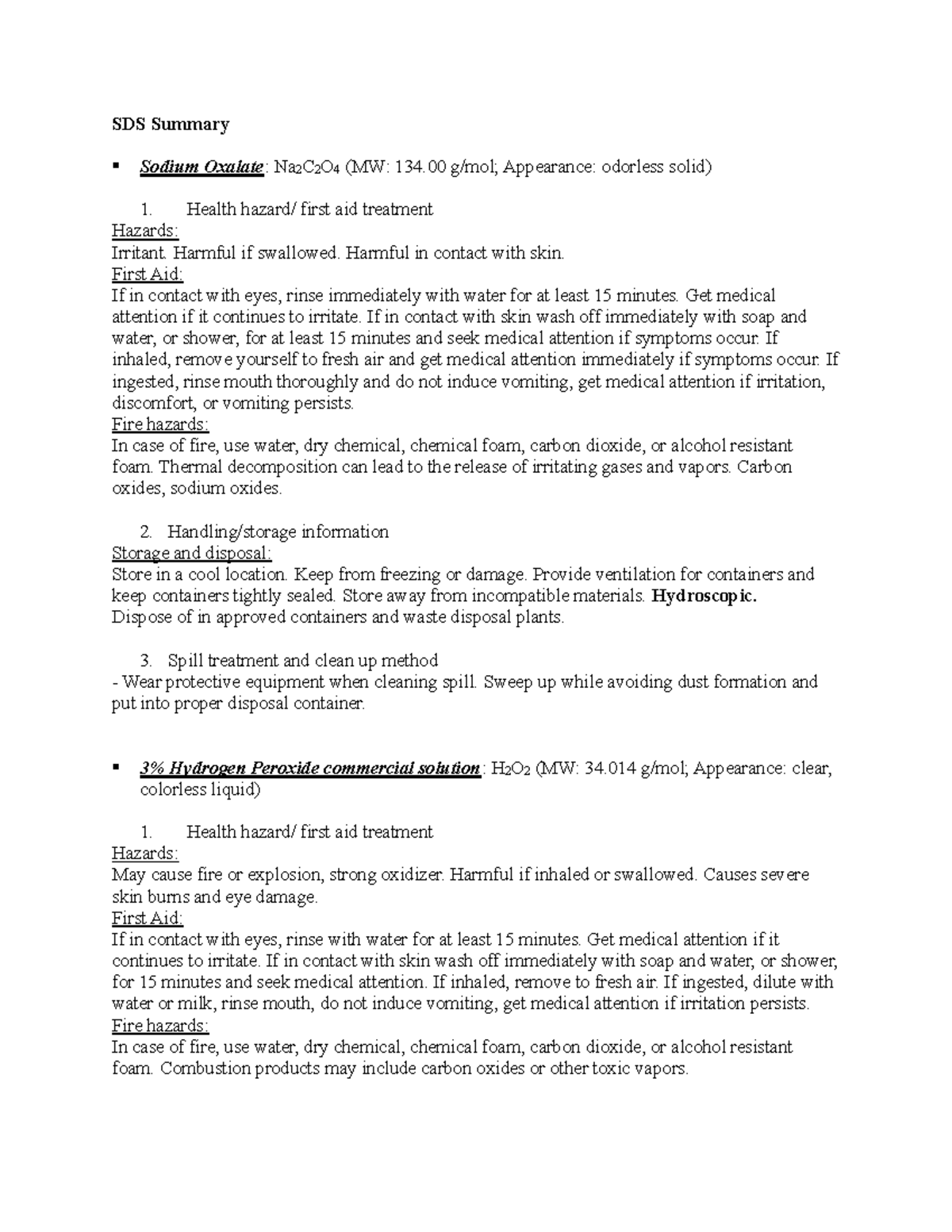SDS Lab 4 - Report - SDS Summary Sodium Oxalate: Na 2 C 2 O 4 (MW: 134 ...