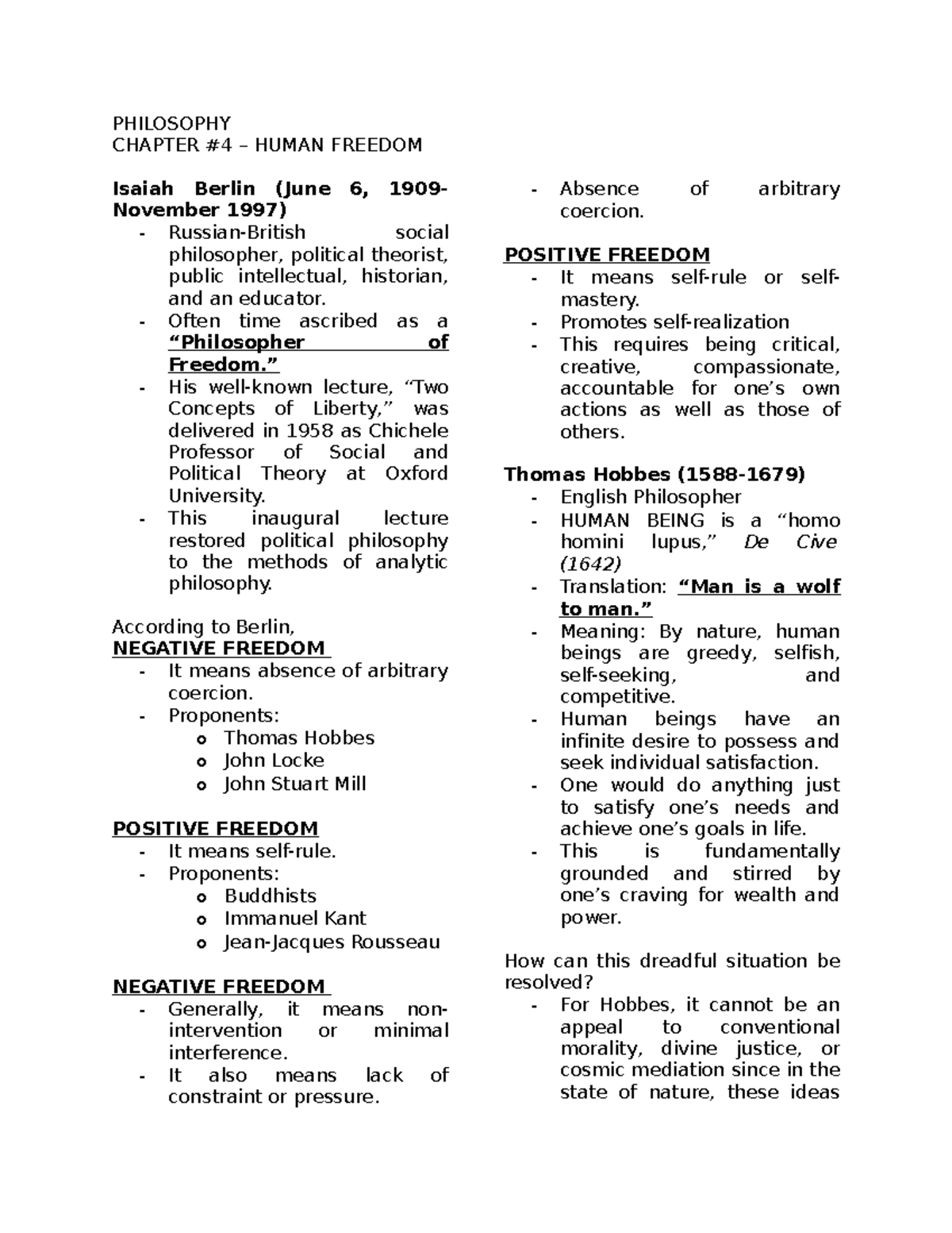 Philosophy - Human Freedom - PHILOSOPHY CHAPTER #4 – HUMAN FREEDOM ...