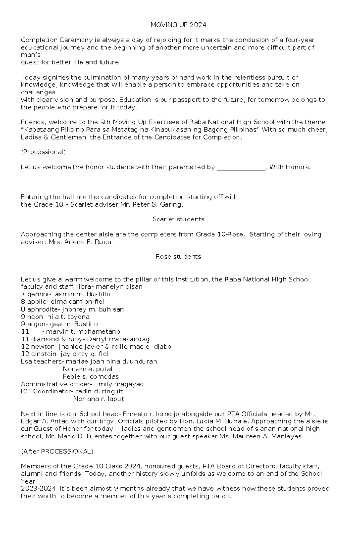 emcee script for moving up 2024 - MOVING UP 2024 Completion Ceremony is always a day of ...