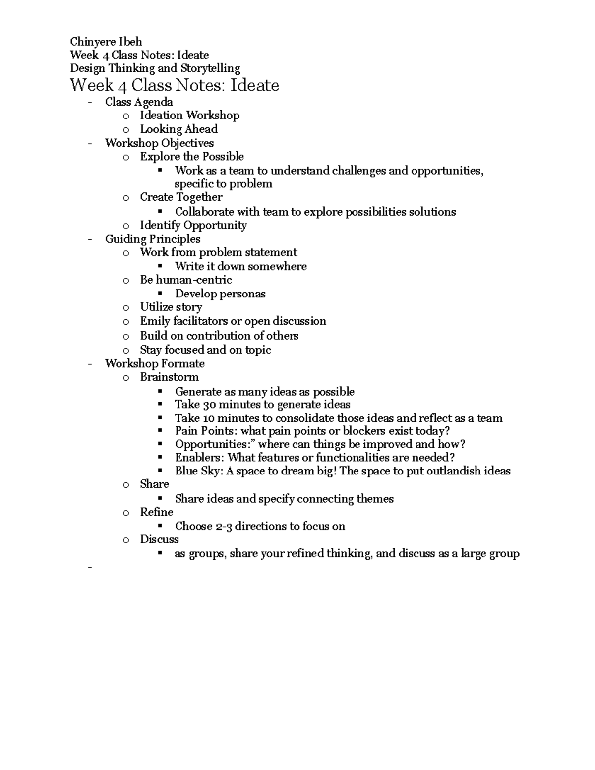 Week 4 Class notes - Chinyere Ibeh Week 4 Class Notes: Ideate Design ...