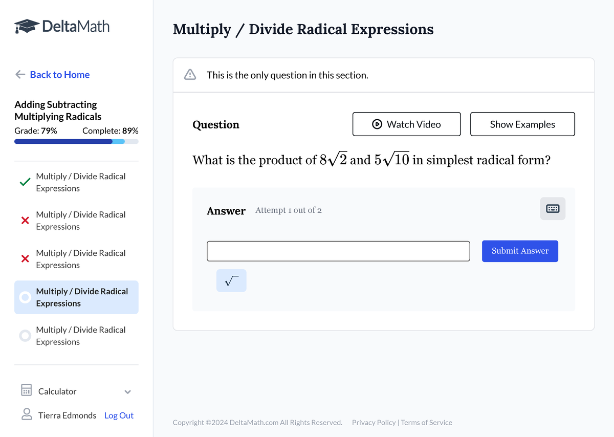 Delta Math Student Application 2 - Multiply / Divide Radical ...