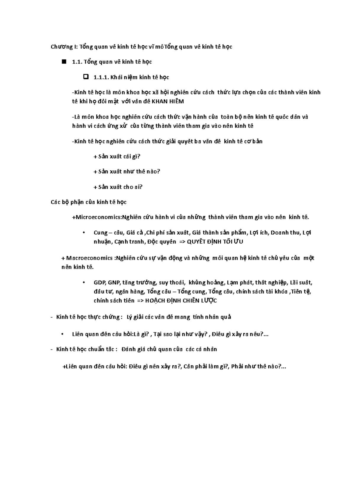 KTVM LÝ THUYỂT Khái niệm - Ch ng I: T ng quan vềề kinh tềế h c vĩ môươ ổ ọ T ng quan vềề kinh ...