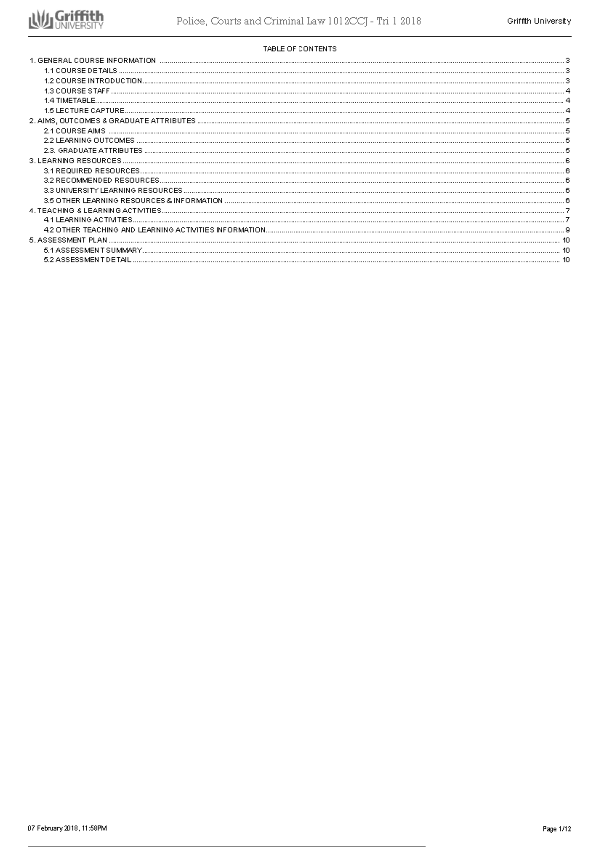 Course Profile 1012CCJ - TABLE OF CONTENTS 1. GENERAL COURSE ...
