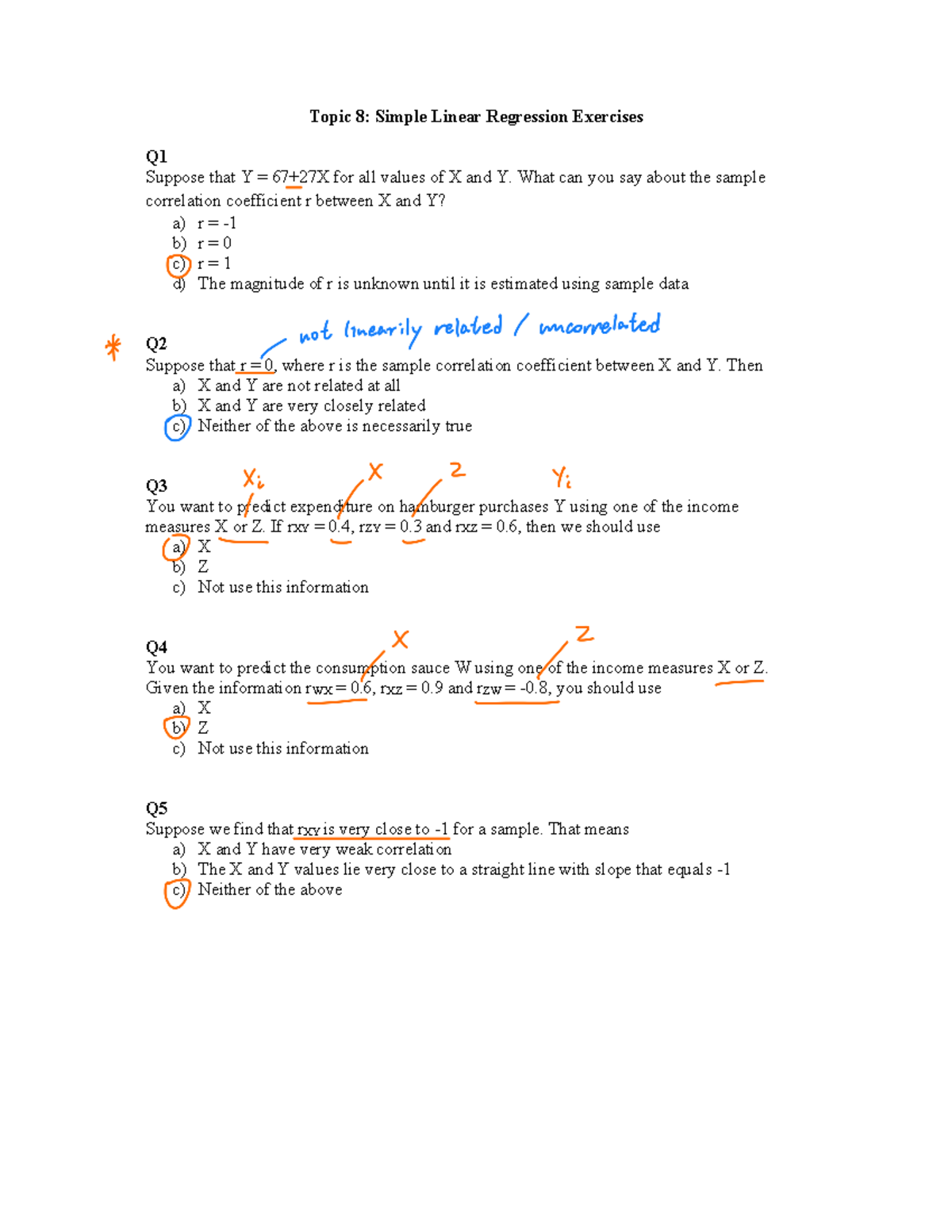 LRM tutorial exercises - Topic 8: Simple Linear Regression Exercises Q Suppose that Y = 67+27X ...