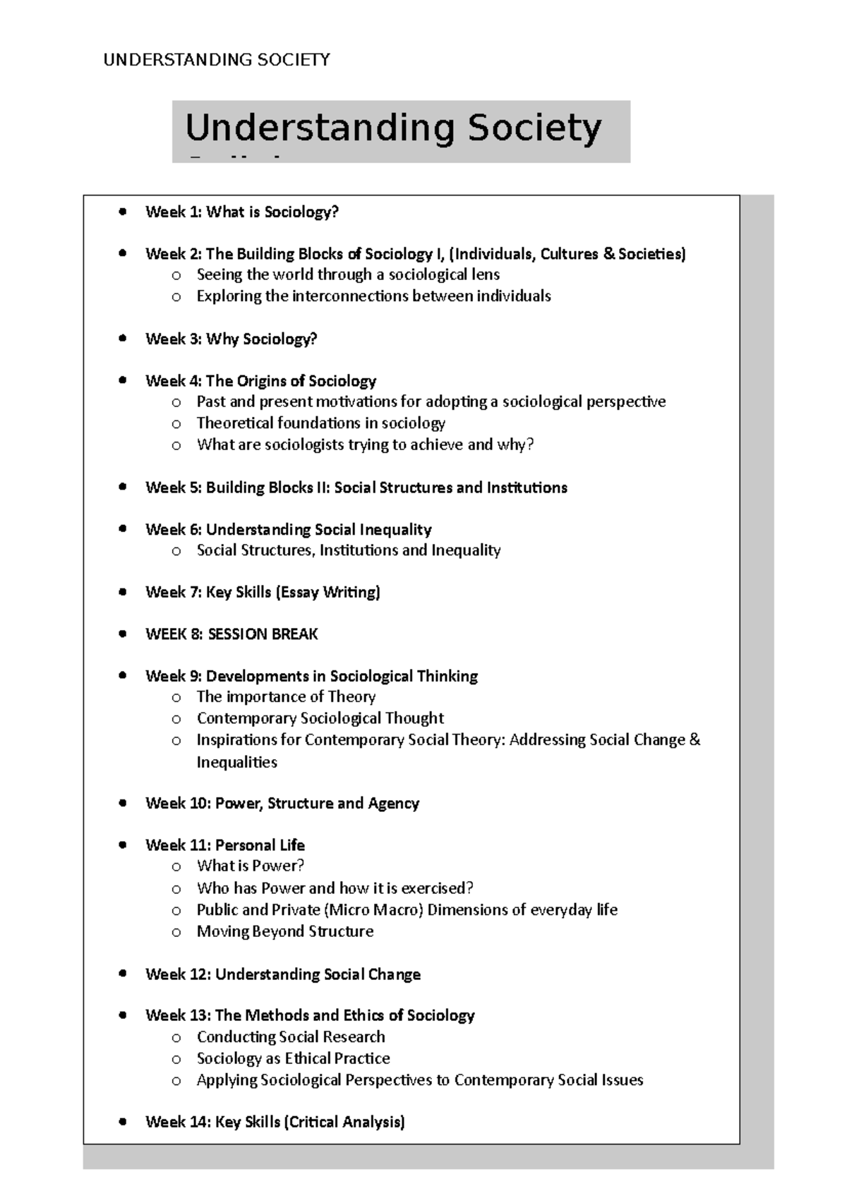 Doc18 - useful - UNDERSTANDING SOCIETY Week 1: What is Sociology? Week ...