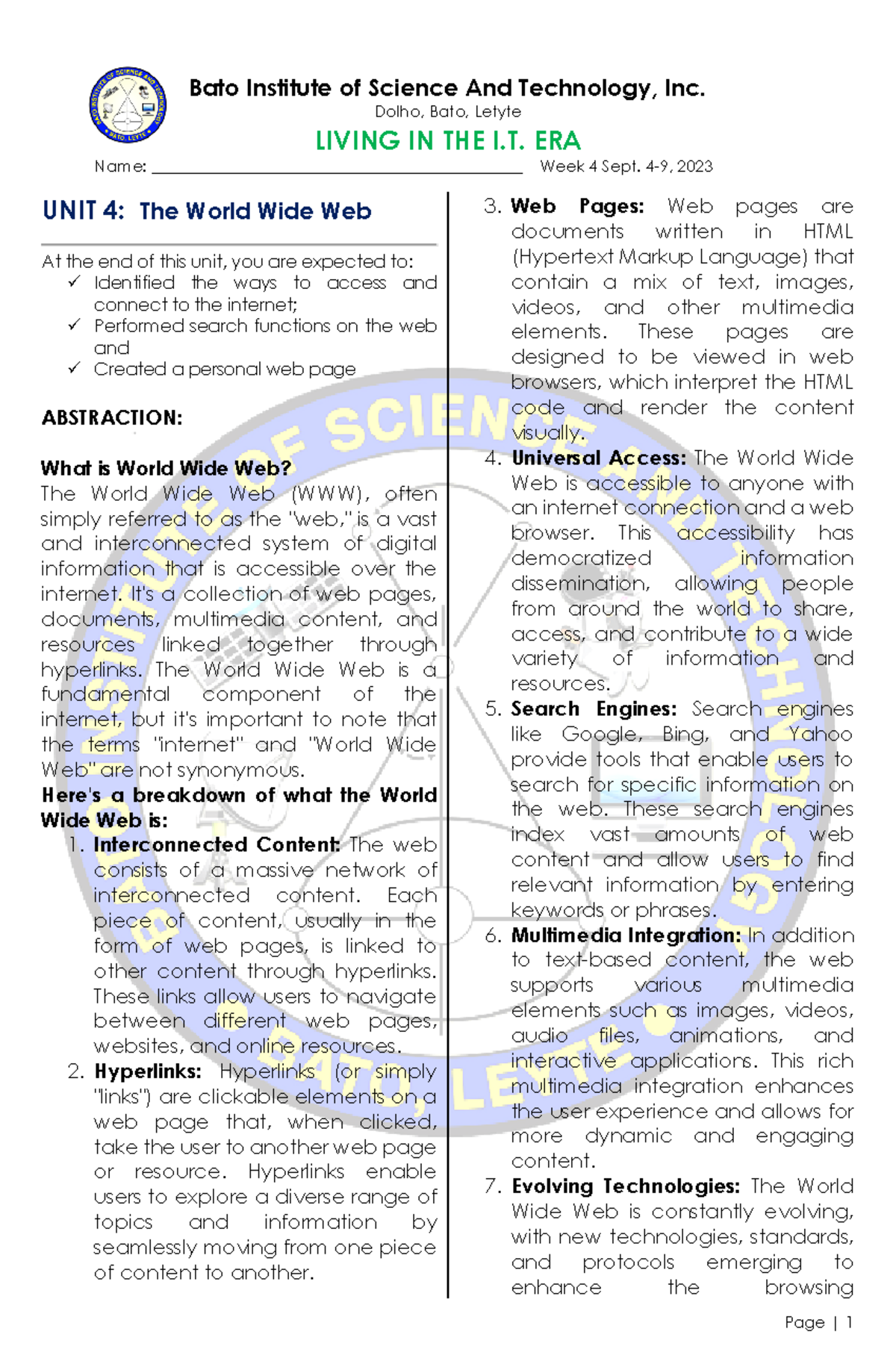 UNIT 4-The World Wide Web - Bato Institute of Science And Technology ...