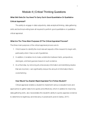 EBP - Mod 2 - Critical Thinking Questions - Describe the key aspects of ...