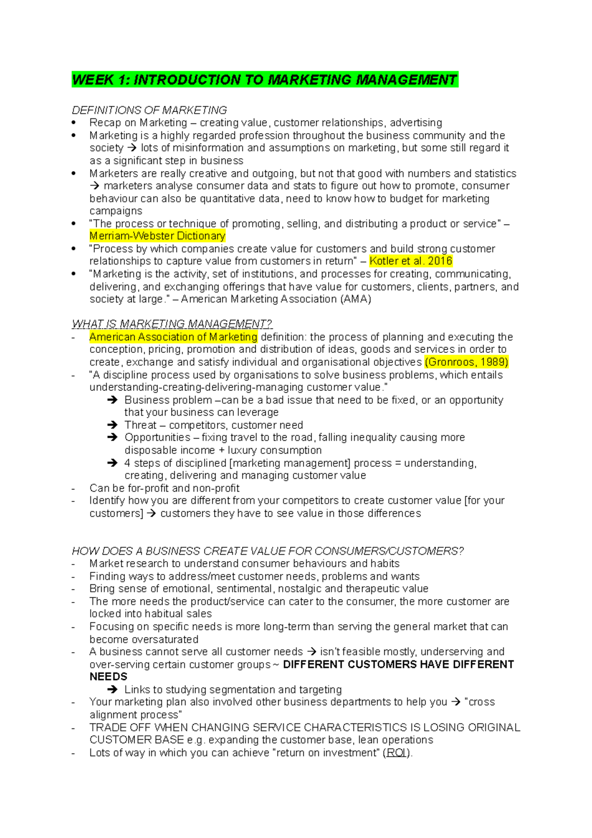 Marketing Management notes - WEEK 1: INTRODUCTION TO MARKETING ...