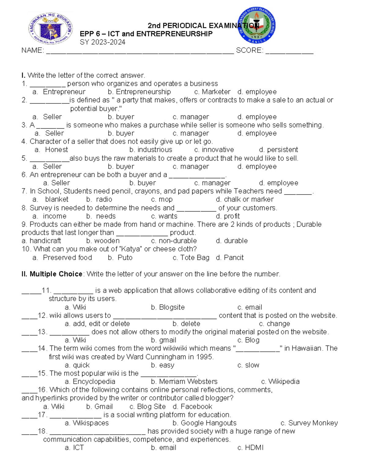 Edited-2nd-PT EPP-ICT-6 Q1 - 2nd PERIODICAL EXAMINATION EPP 6 – ICT and ...